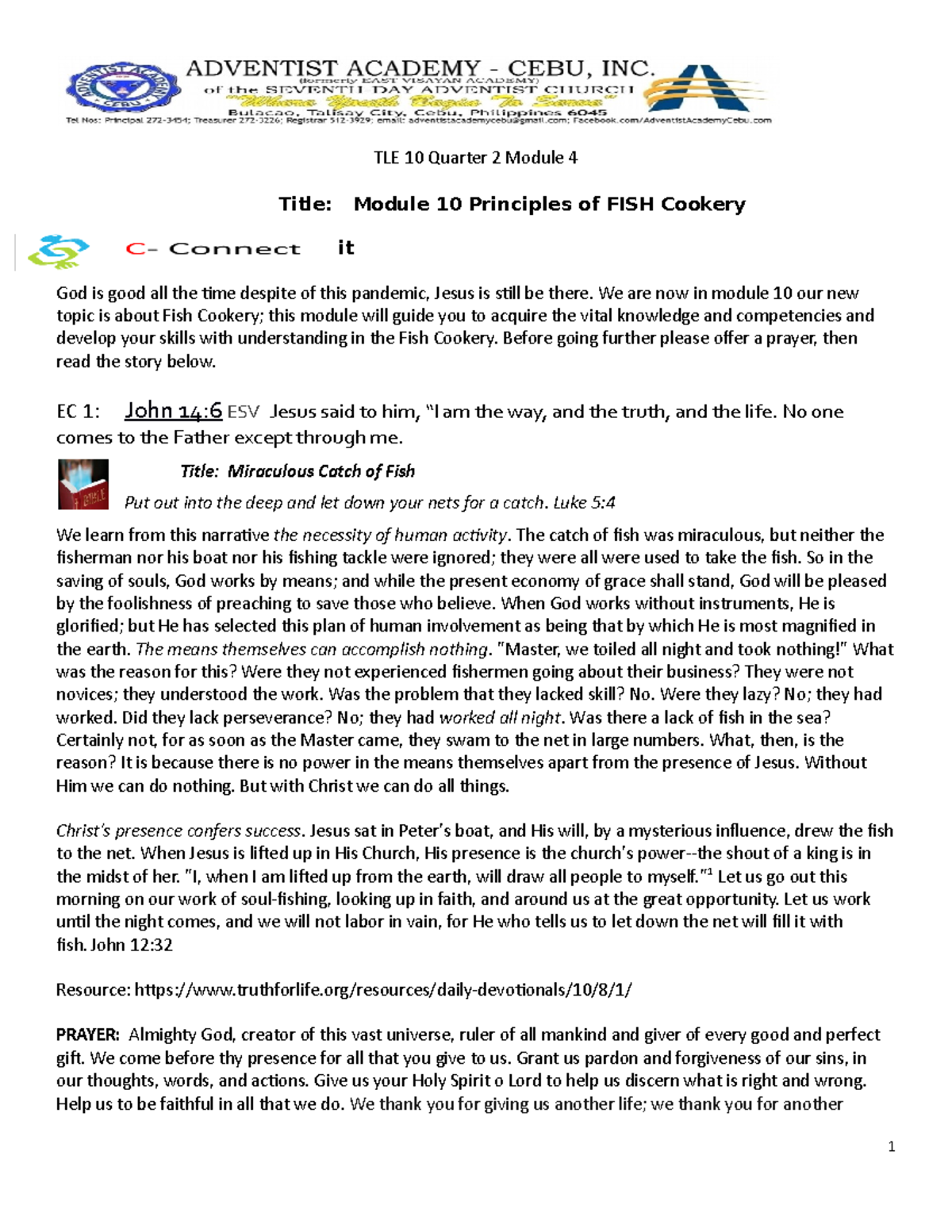 Q2 M4 TLE 10 - TLE 10 - TLE 10 Quarter 2 Module 4 Title: Module 10 Principles of FISH Cookery it ...
