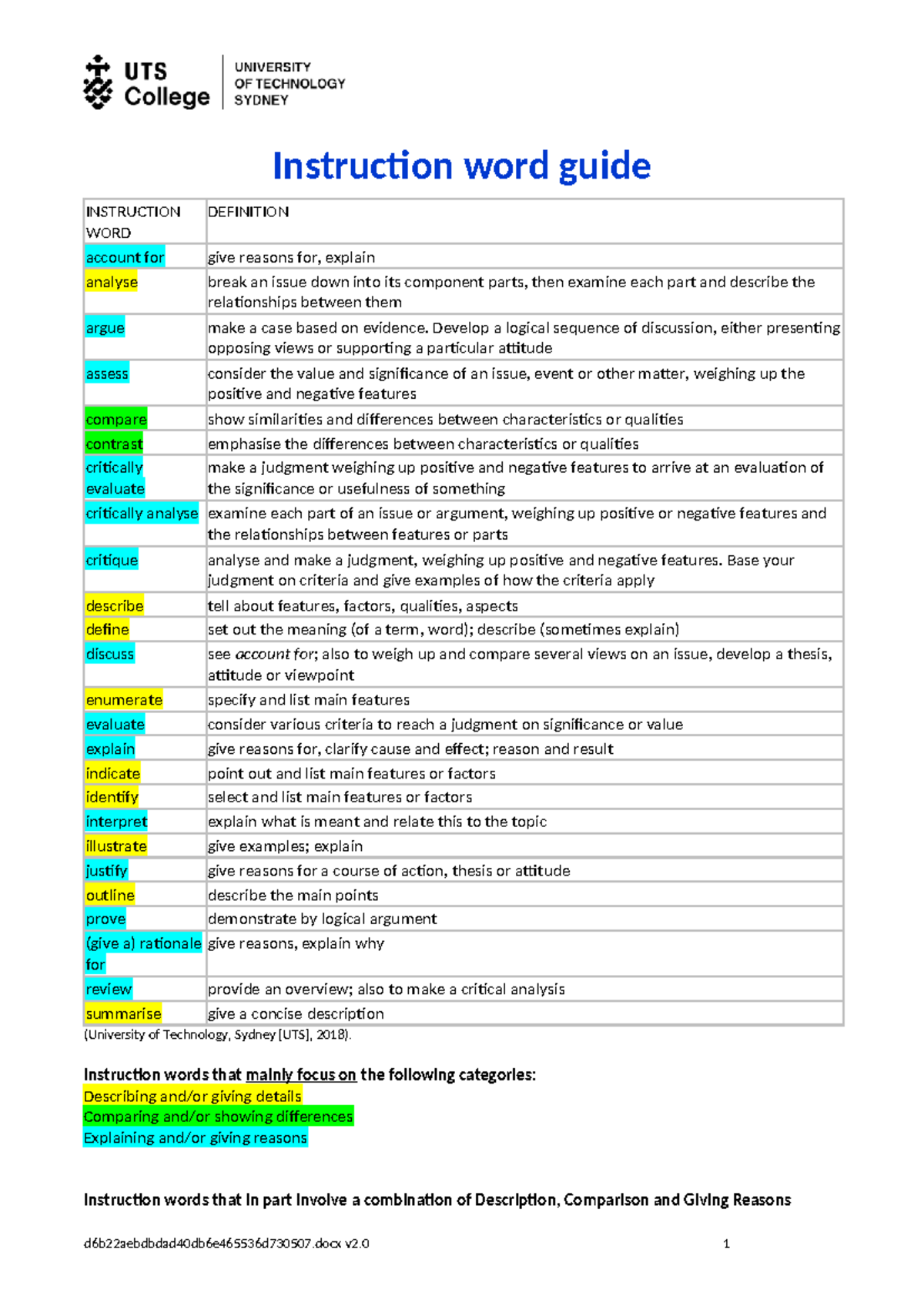 Instruction Word Guide: Analyzing and Evaluating Key Terms - Studocu