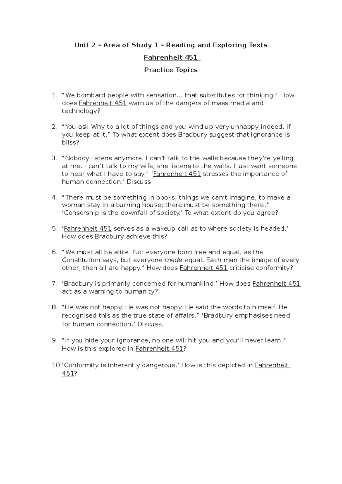 F451 Unit 2 Area of Study 1: Reading & Exploring Texts Practice Topics ...