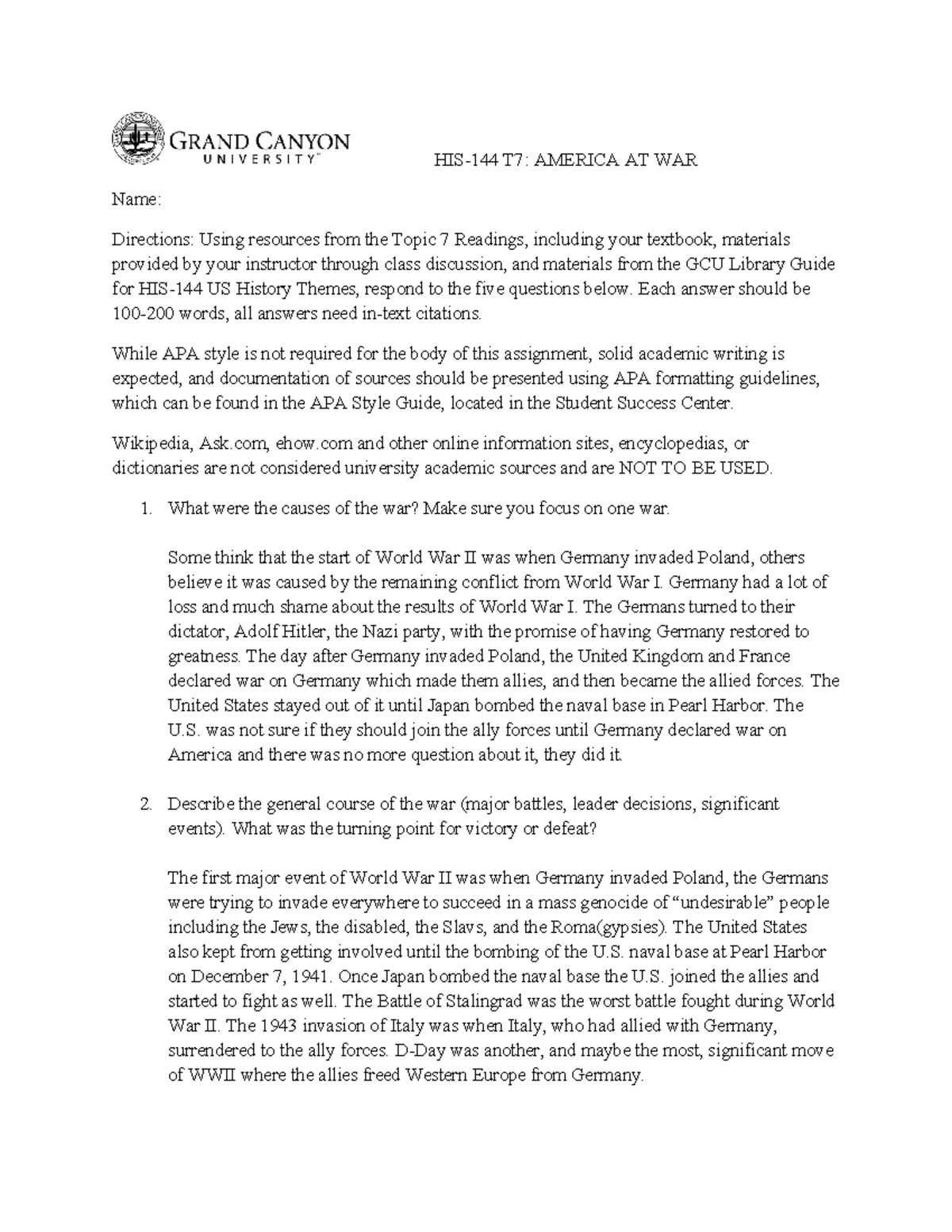 HIS-144-RS-Worksheet: Analysis of America at War in WWII - Studocu