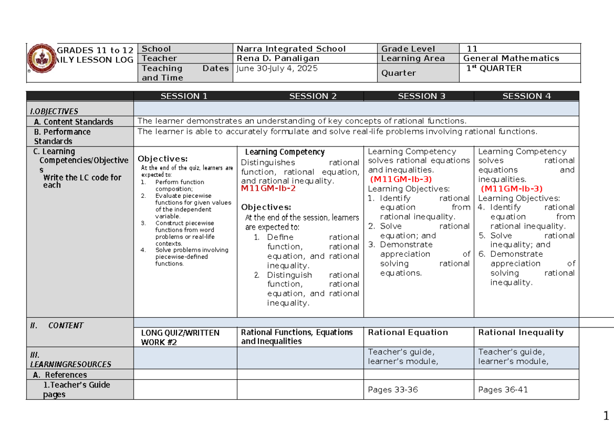 GRADES 11-12 General Mathematics Daily Lesson Log - Week 3 - Studocu