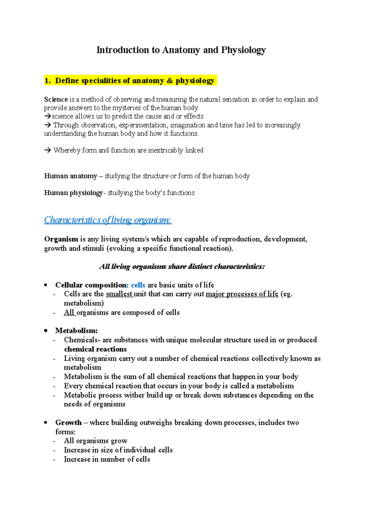 HAP1 Notes - for exam study - Introduction to Anatomy and Physiology 1 ...
