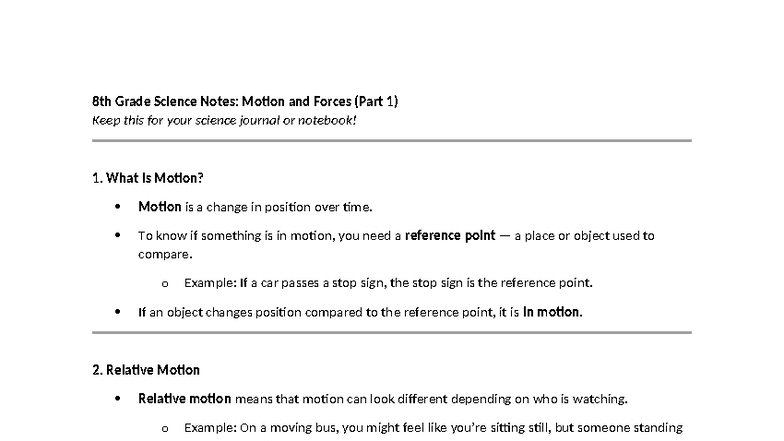 8th Grade Science Notes: Motion & Forces Overview (Part 1) - Studocu