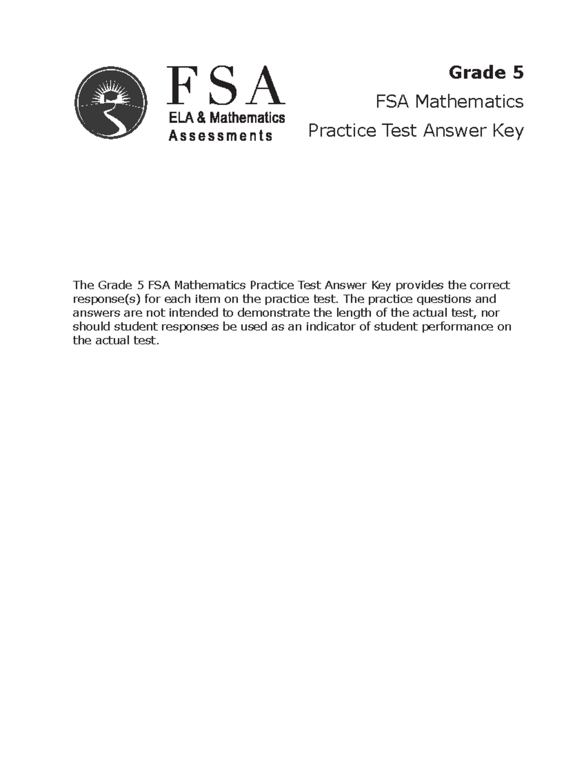 FSA 2020 5M Practice-Test Answer-Key PBT - Grade 5 FSA Mathematics ...