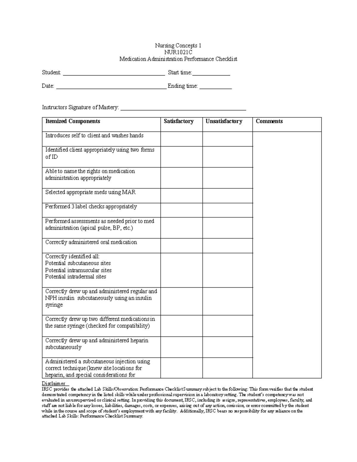 NUR1021C Medication Administration Performance Checklist - Studocu