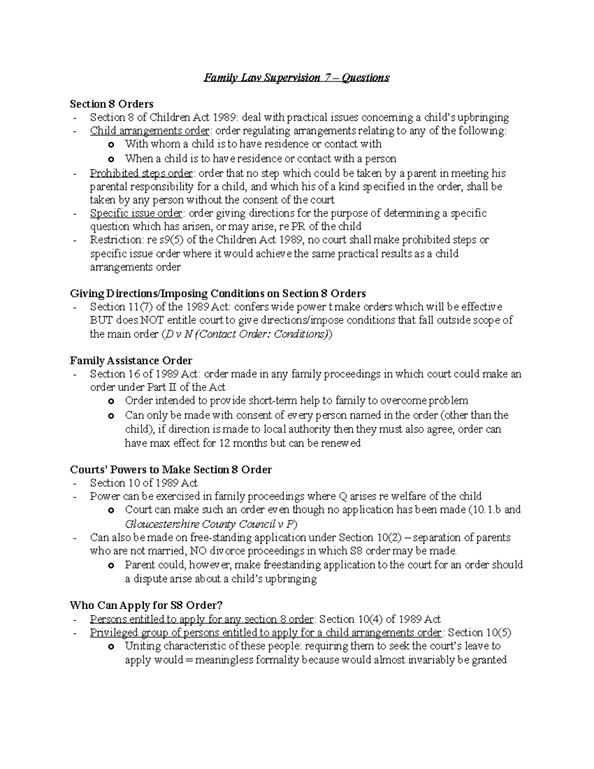 Family Law Supervision: Key Concepts & Section 8 Orders Explained - Studocu