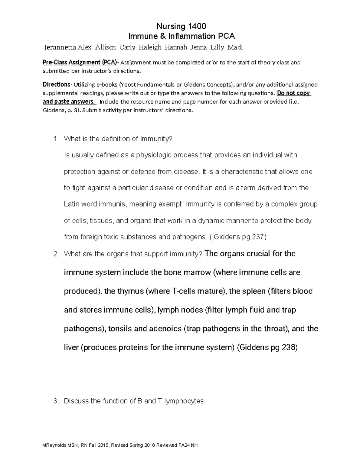 Nursing 1400: Immune & Inflammation Pre-Class Assignment (PCA) - Immune ...