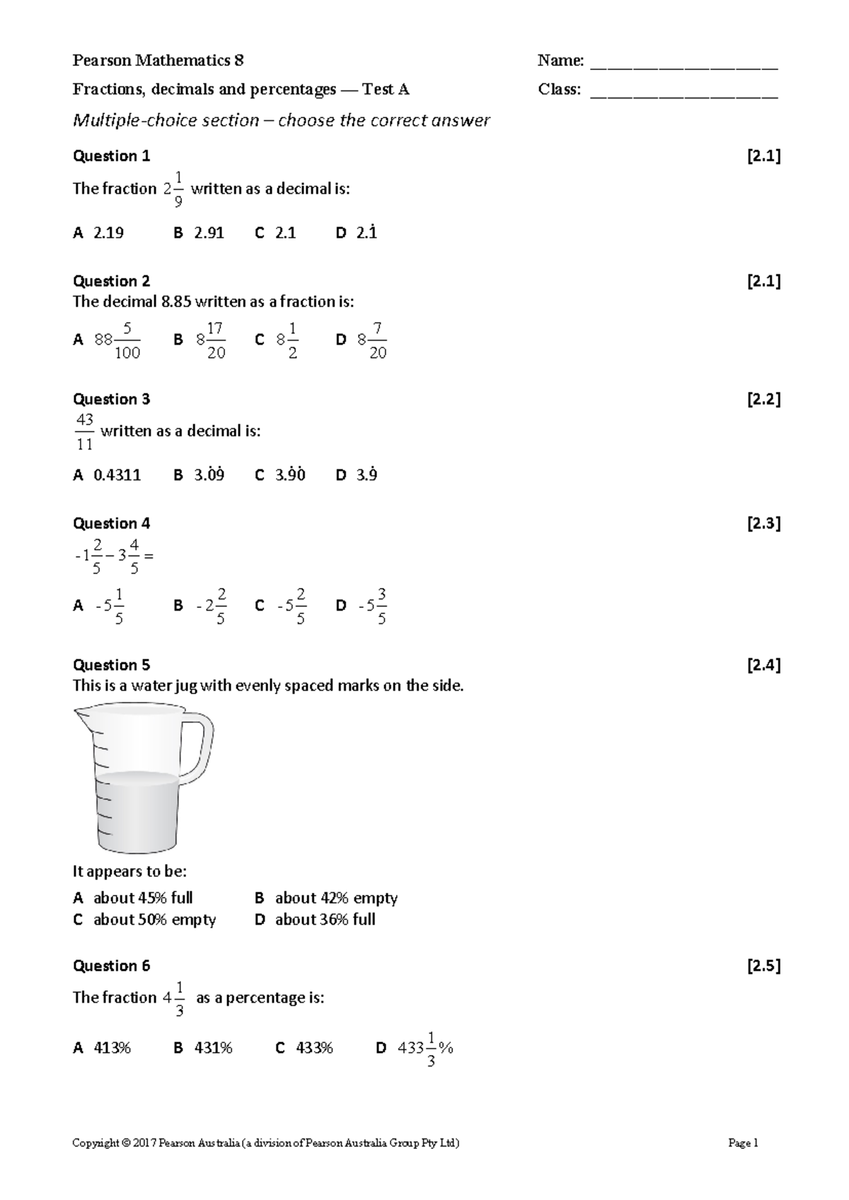 Pearson Mathematics 8: Fractions, Decimals, and Percentages Test A ...