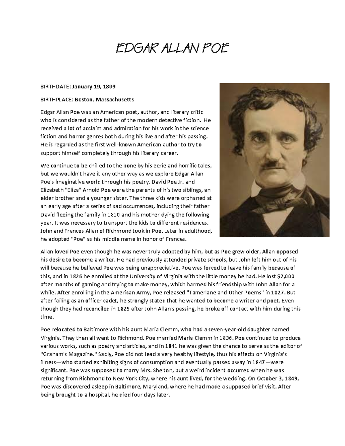 Edgar Allan Poe: Life, Works, and Literary Legacy - Studocu