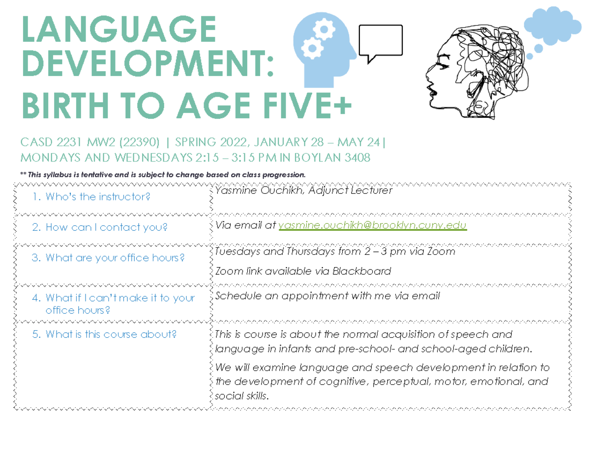 CASD2231 Spring 22 Syllabus: Language Development Birth to 5 - Studocu