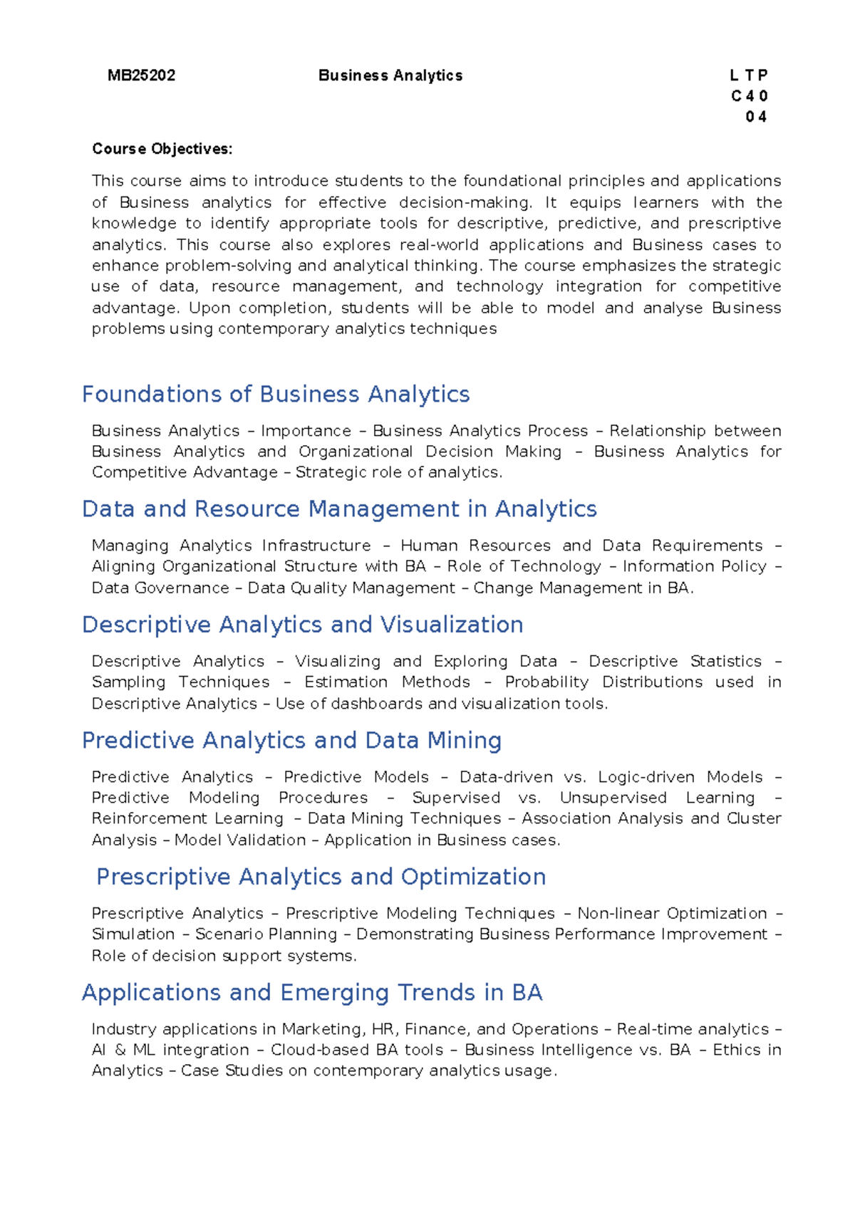 MB25202 Business Analytics Course Overview and Key Concepts - Studocu