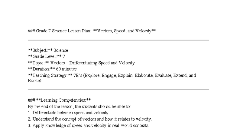 Grade 7 Science Lesson Plan: Differentiating Speed & Velocity - Studocu