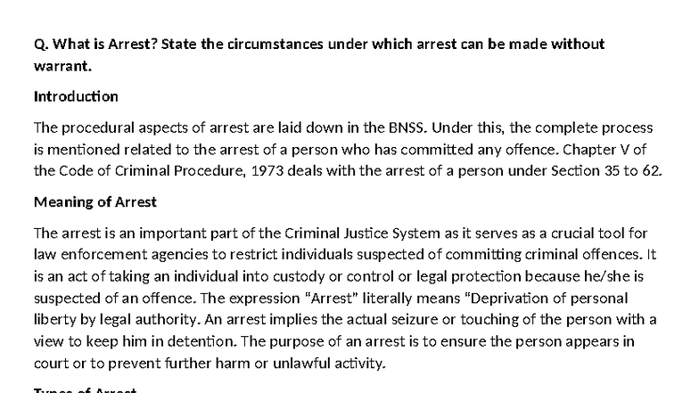 BNSS - Concept of Arrest: Circumstances & Rights Explained - Studocu