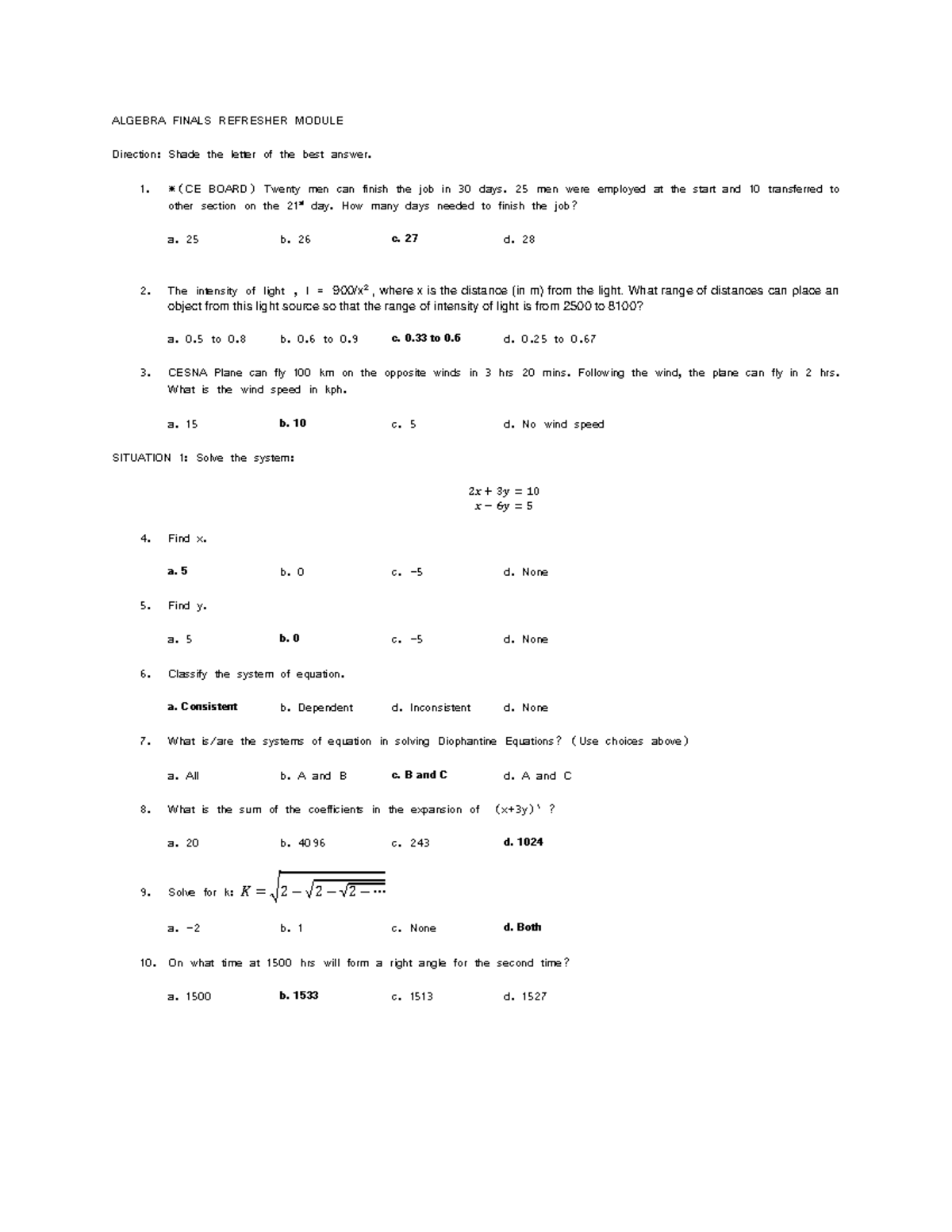Algebra Practice Set - ALGEBRA FINALS REFRESHER MODULE Direction: Shade ...