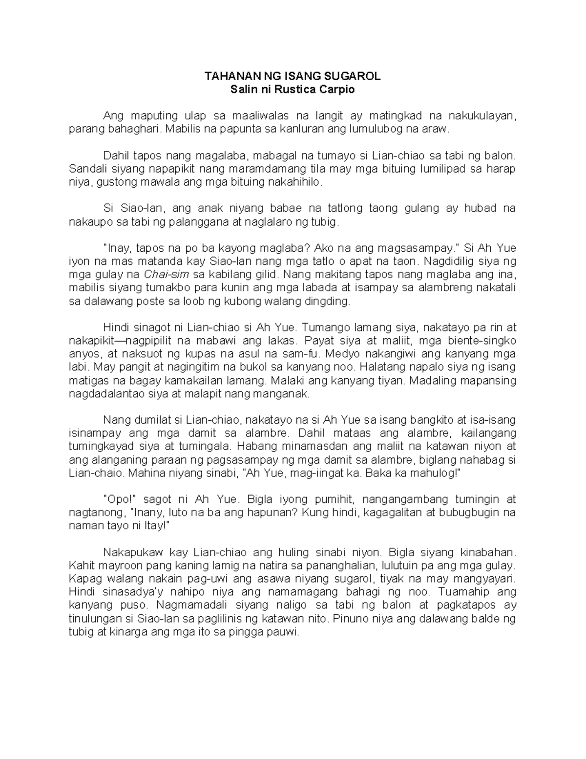 TAHANAN NG ISANG SUGAROL: Isang Pagsasalin ni Rustica Carpio - Studocu