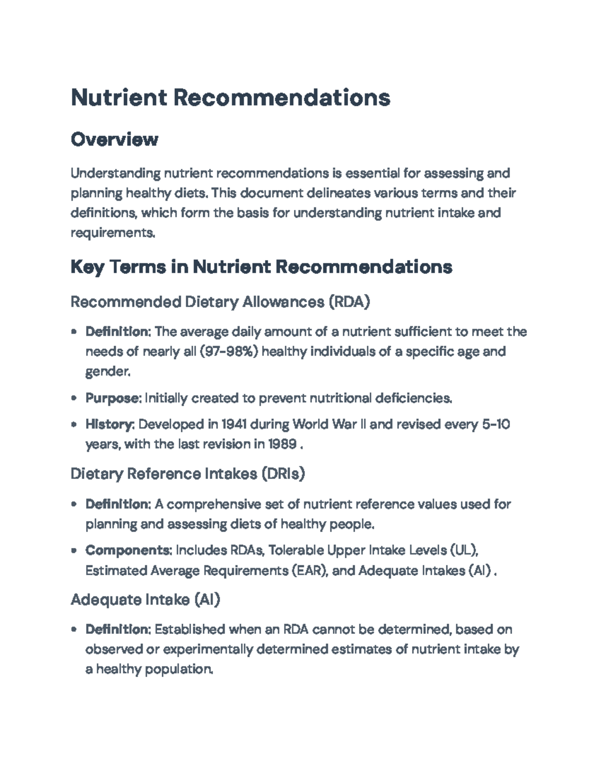 Nutrient Recommendations Overview: Key Terms and Definitions - Nutrient ...