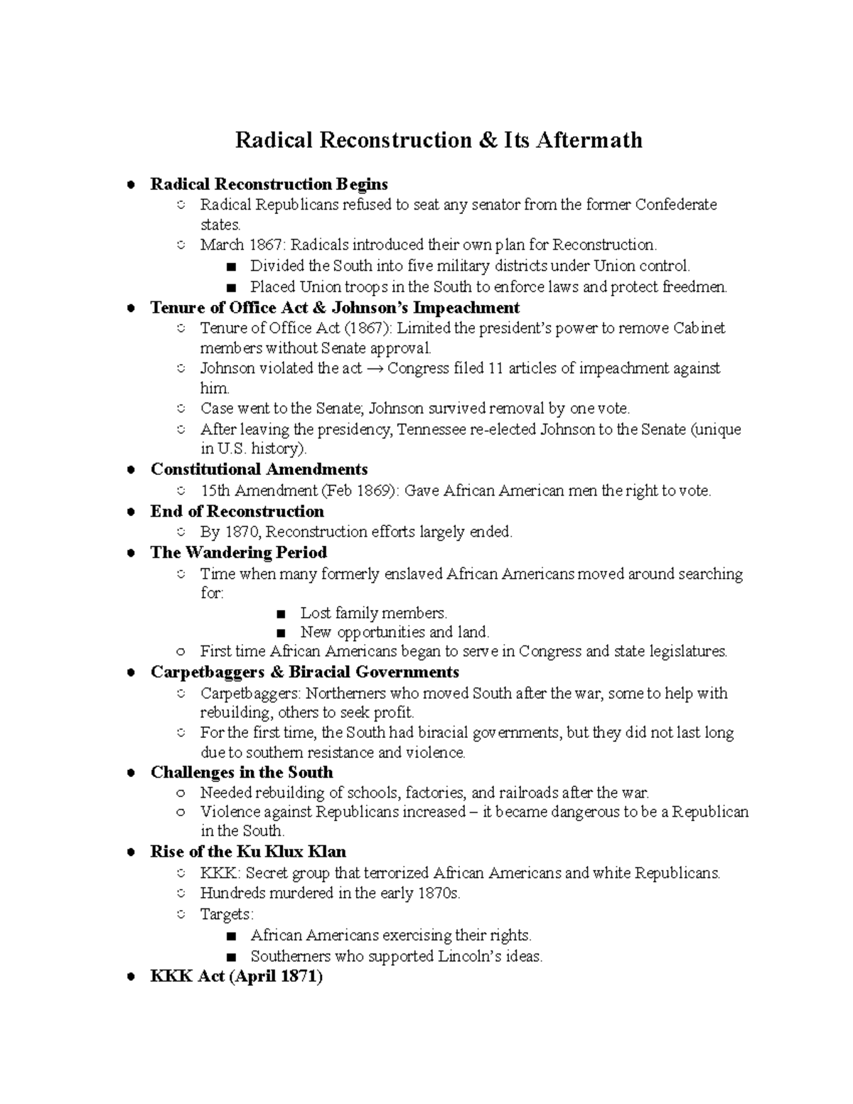 Radical Reconstruction (HIST 201): Overview and Aftermath Insights ...