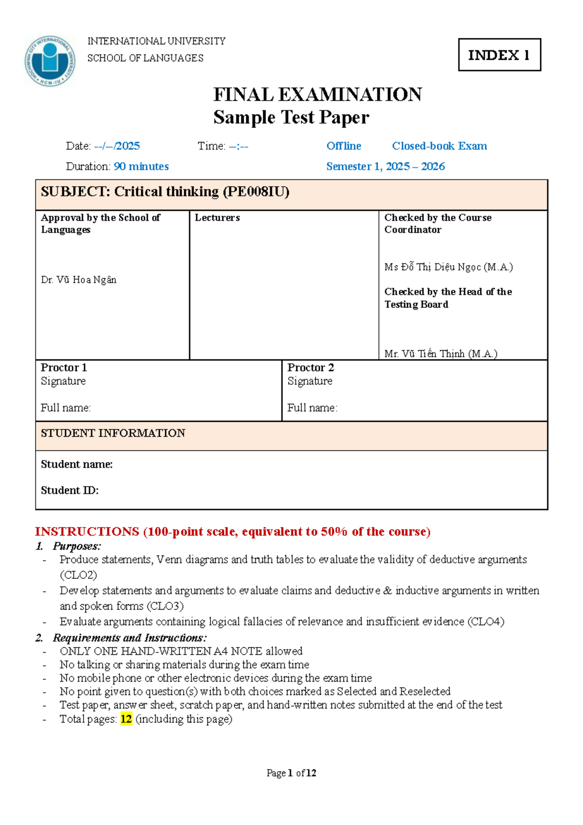 Critical Thinking (PE008IU) - Sample Final Exam Paper 2025 - Studocu