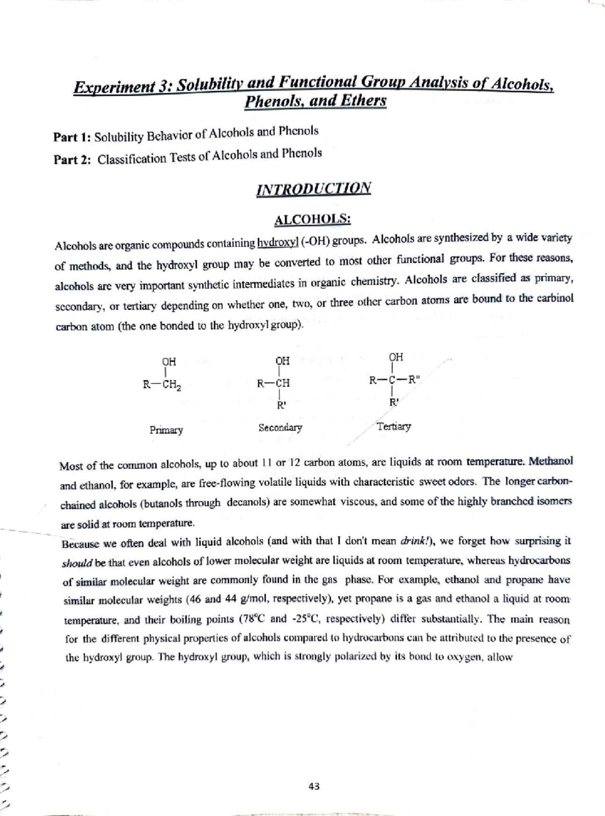 Exp 3: Solubility & Functional Group Analysis of Alcohols & Phenols ...