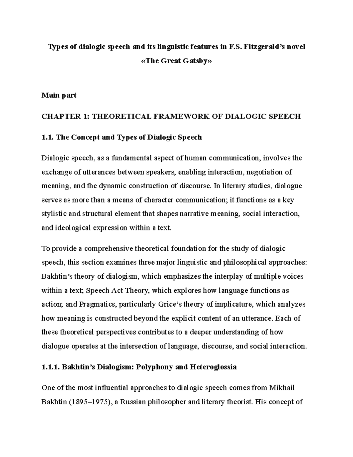 Types of Dialogic Speech and Linguistic Features in F.S. Novel: Great ...