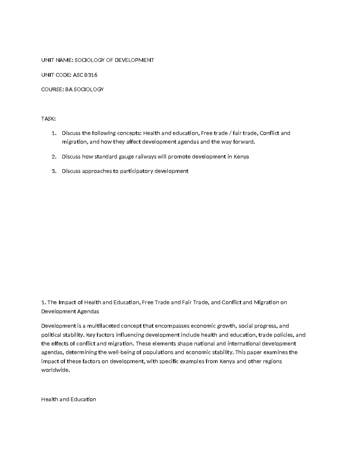 Sociology of Development: Key Concepts and SGR Impact - ASC B316 - Studocu