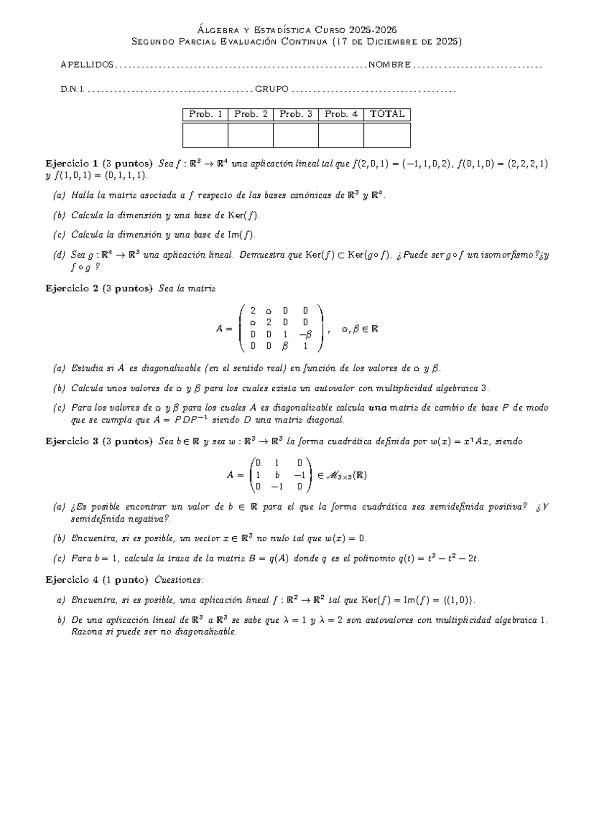 Algebra Lineal 2º Parcial - Ejercicios y Problemas (25-26) - Studocu