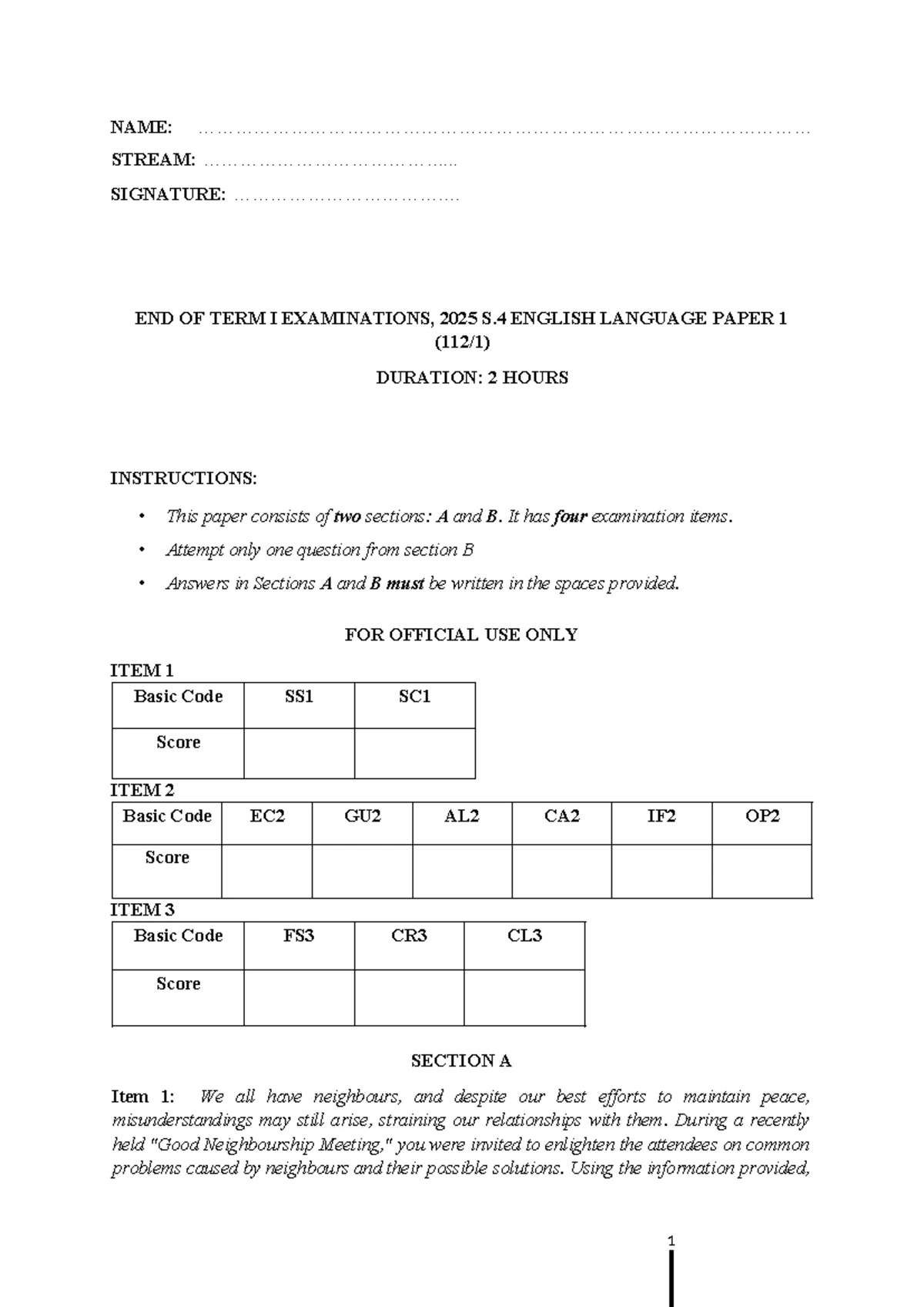 LITERATURE IN ENGLISH PAPER 1 O LEVEL AITEL MOCK EXAM 2024 - Studocu