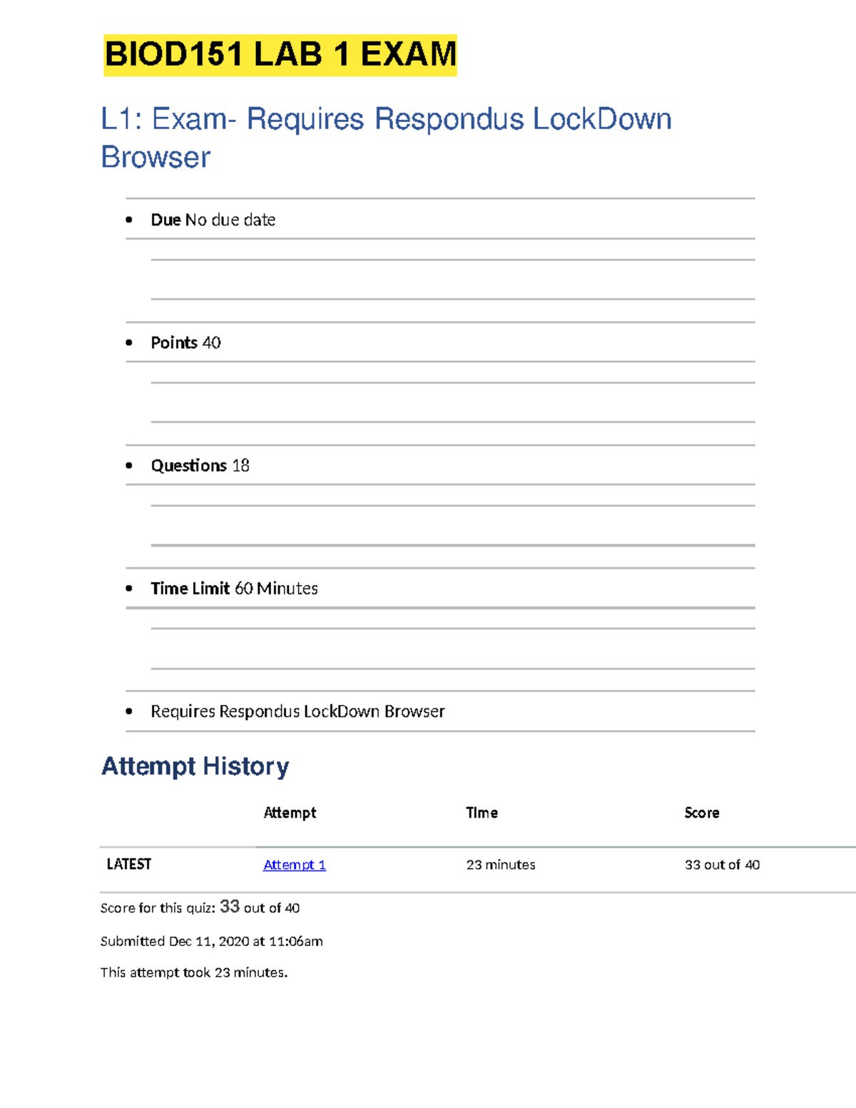BIOD 151 Lab Exam 1. - BIOD151 LAB 1 EXAM L1:Ex r esRes pondusLockDown ...