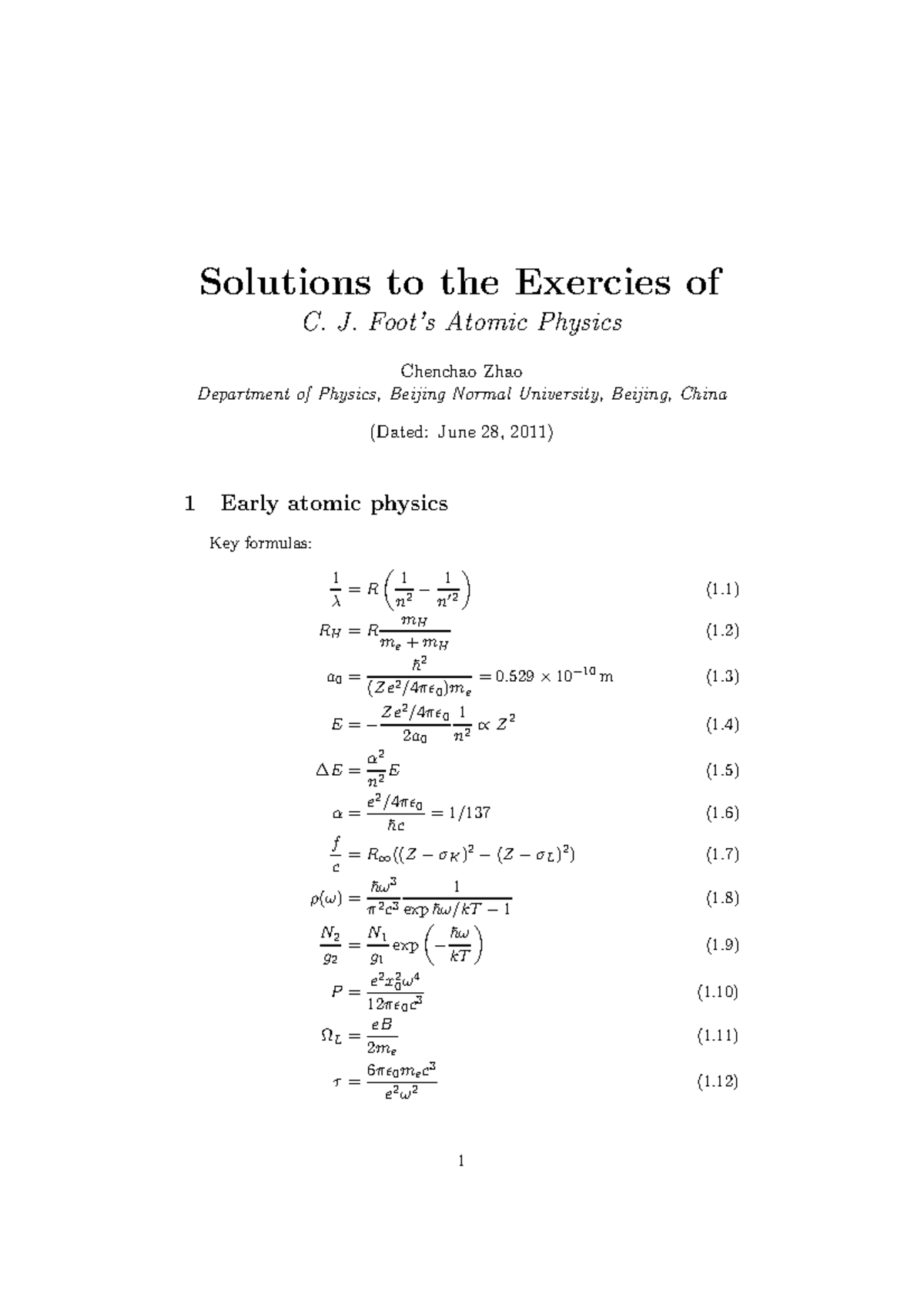 Pdfcoffee - text/solutions - Solutions to the Exercies of C. J. Foot’s Atomic Physics Chenchao ...