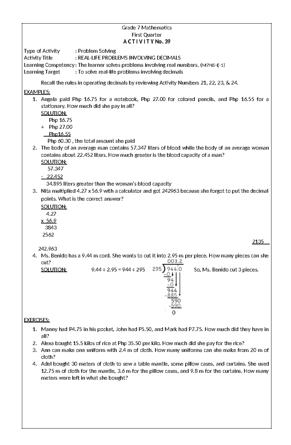 Activity No. 39 Real Life Problems Involving Decimals - Grade 7 ...