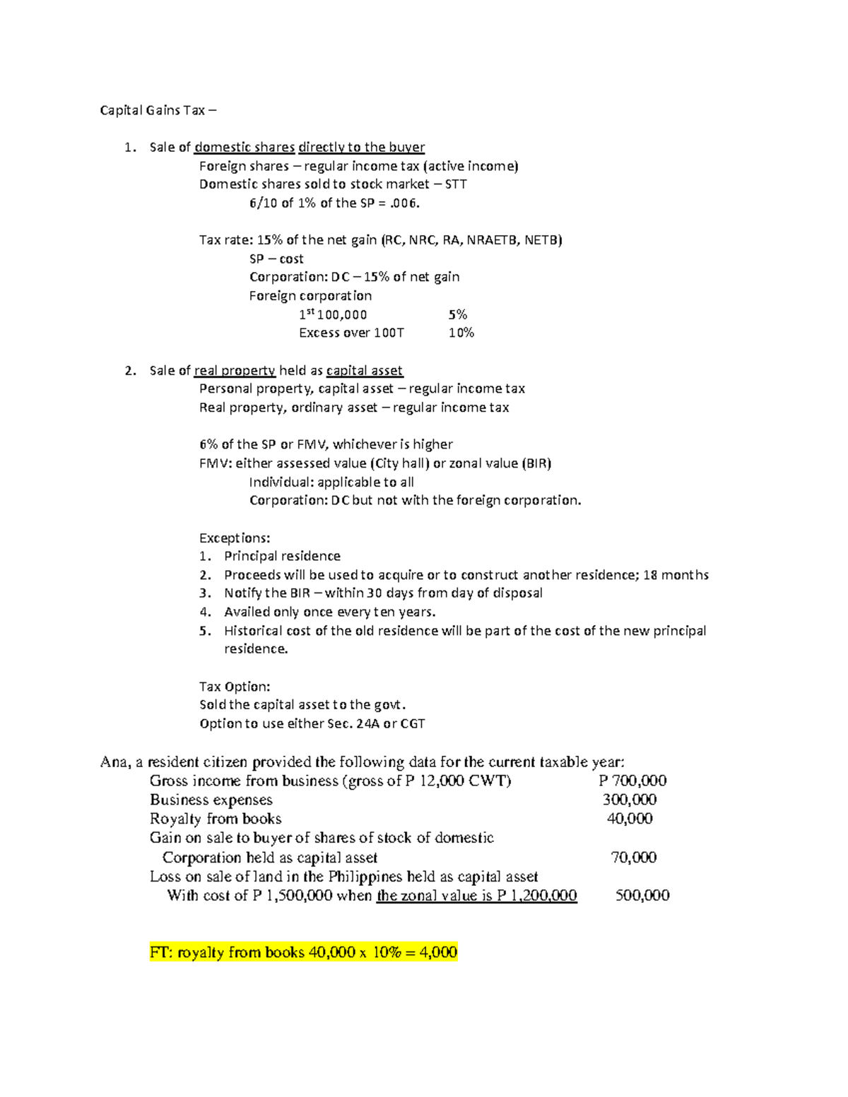 Capital Gains Tax Sample Problems - Capital Gains Tax – Sale of ...