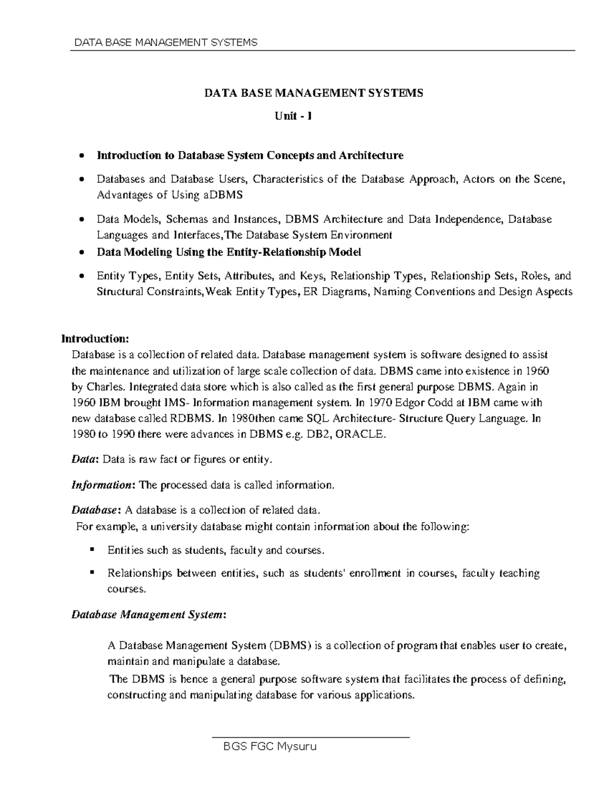 DATA BASE MANAGEMENT SYSTEMS Unit I: Intro to DB Concepts & Architecture - Studocu
