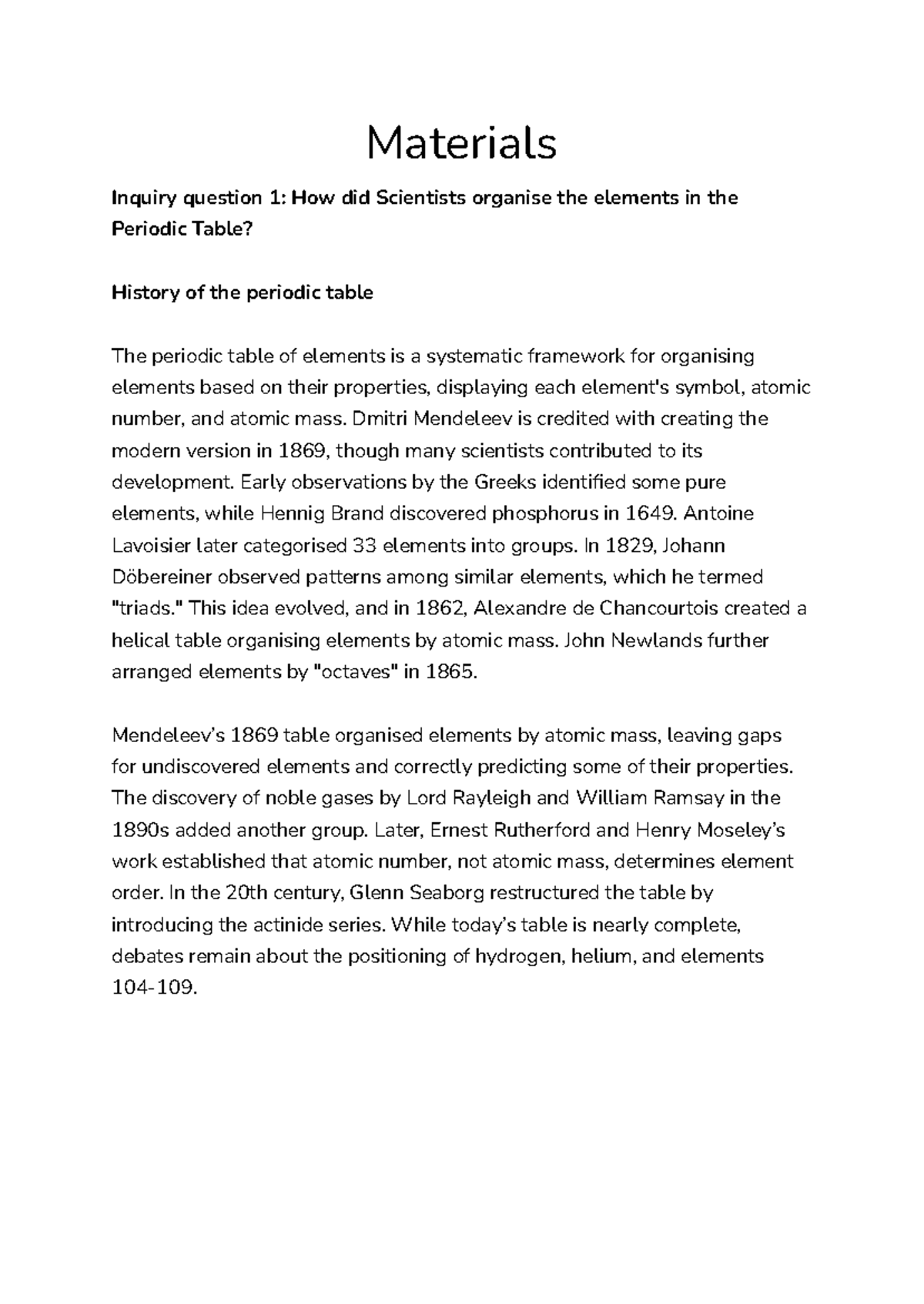 Science Year 9 Term 4 Revision - Materials Inquiry question 1: How did ...
