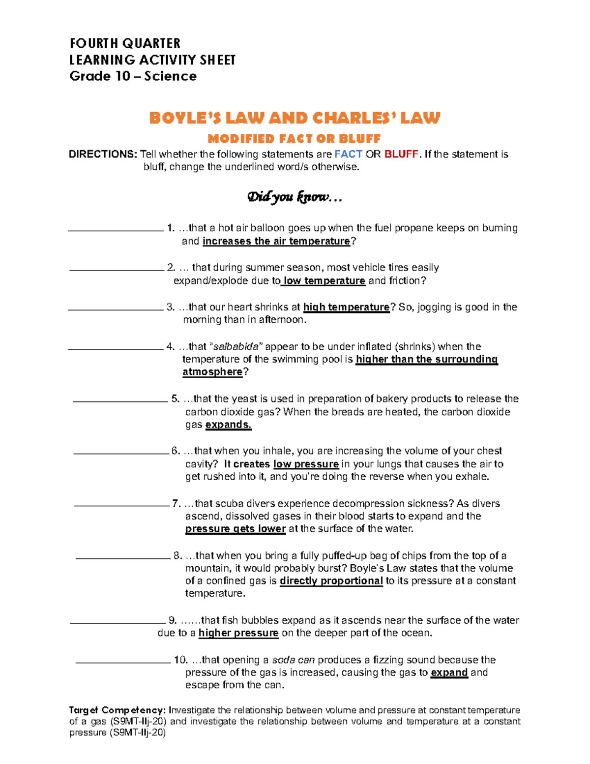 Boyle's & Charles' Law Learning Activity Sheet (Grade 10 - Science ...