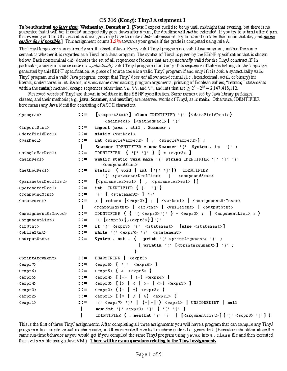 CS 316 TinyJ Assignment 1 Instructions and Submission Guidelines - Studocu