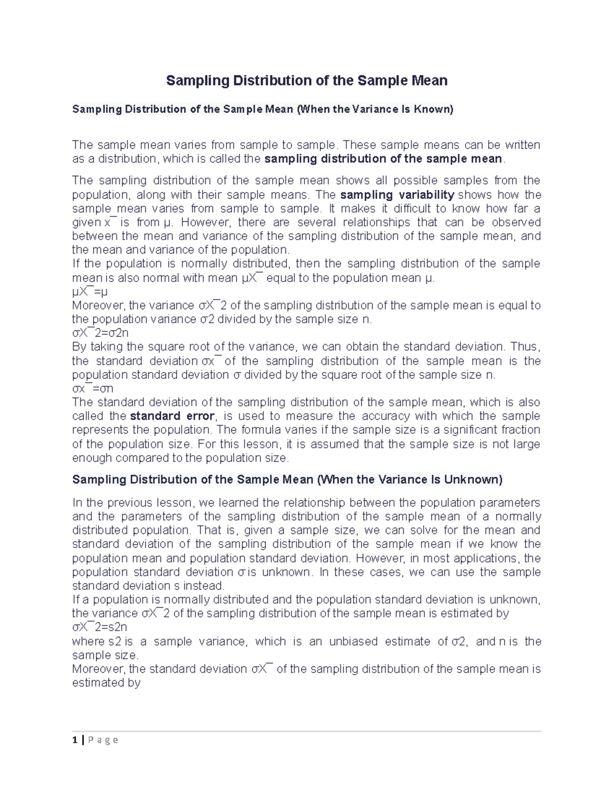 Sampling Distribution of the Sample Mean - These sample means can be ...