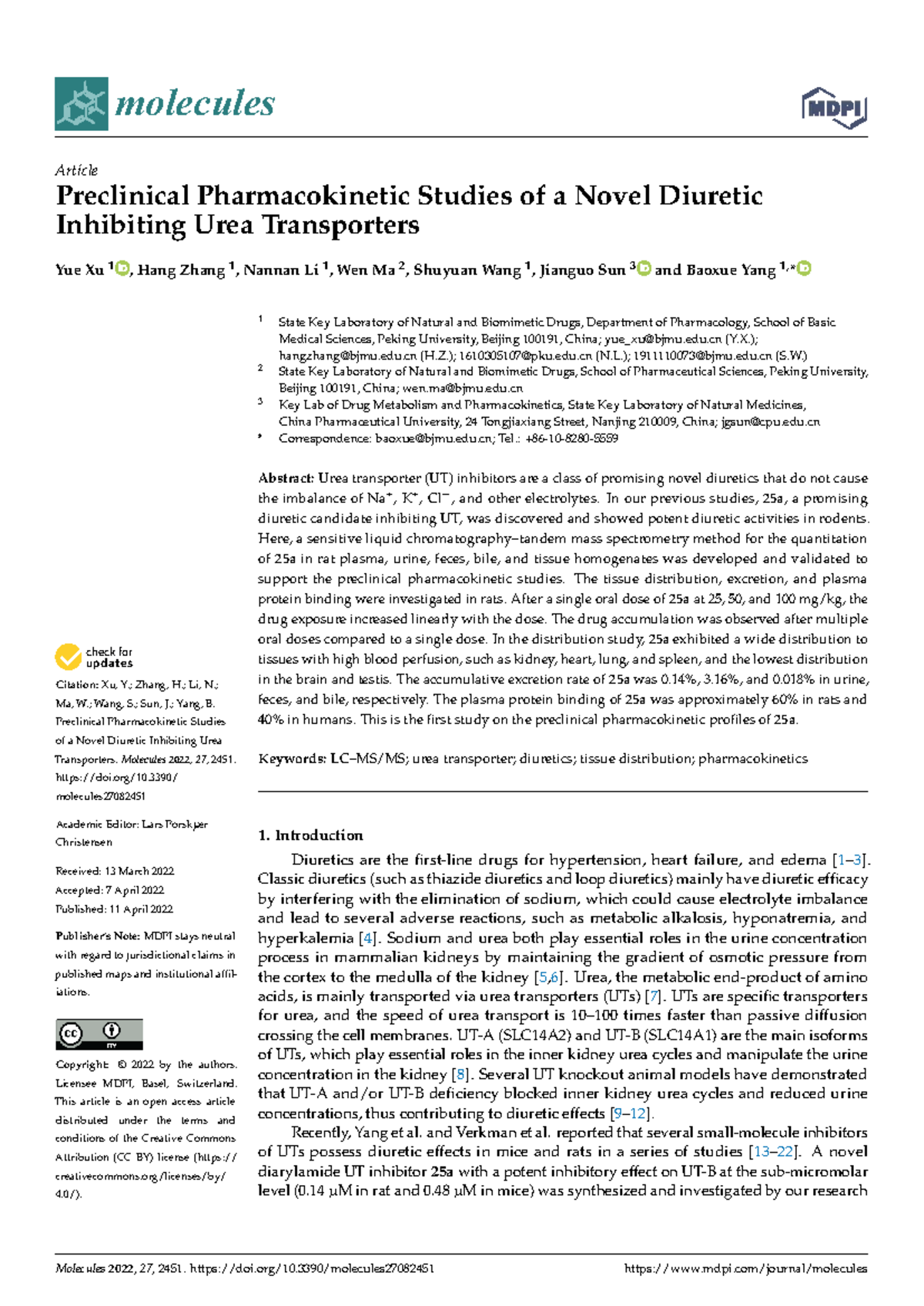 Preclinical PK Studies of Diuretic 25a Inhibiting Urea Transporters ...