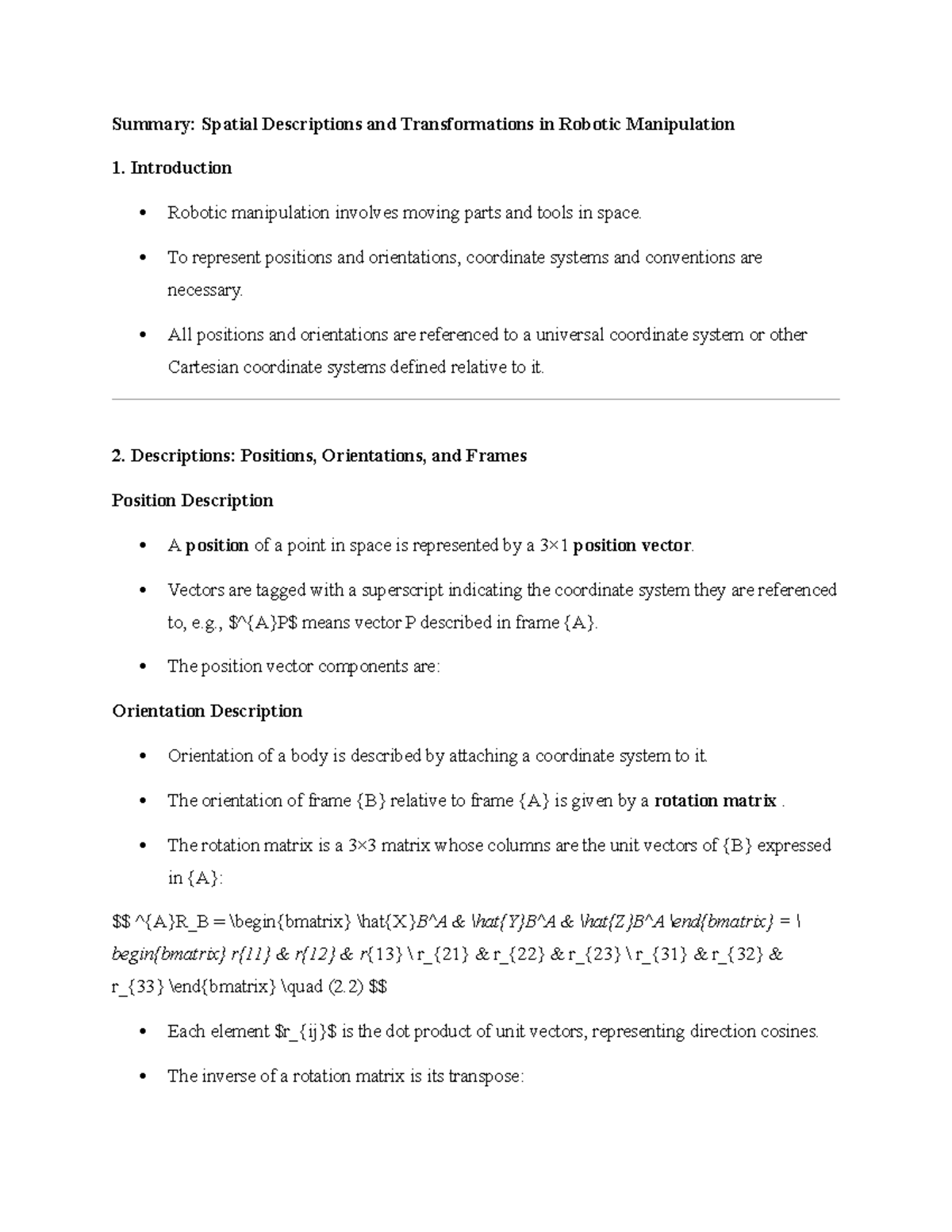Robotics CH2: Spatial Descriptions & Transformations in Manipulation ...