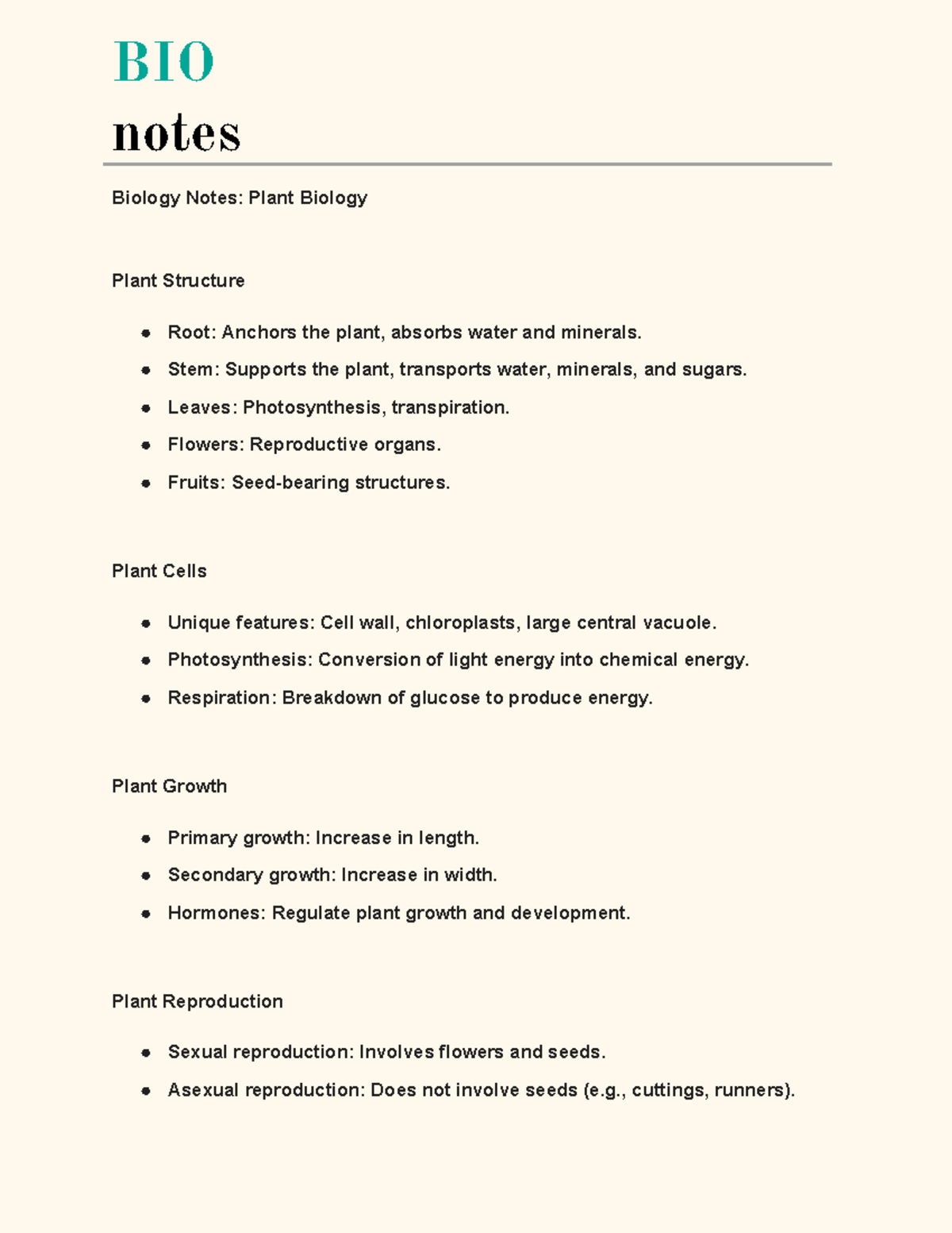 Biology Class Notes (23) - BIO notes Biology Notes: Plant Biology Plant ...