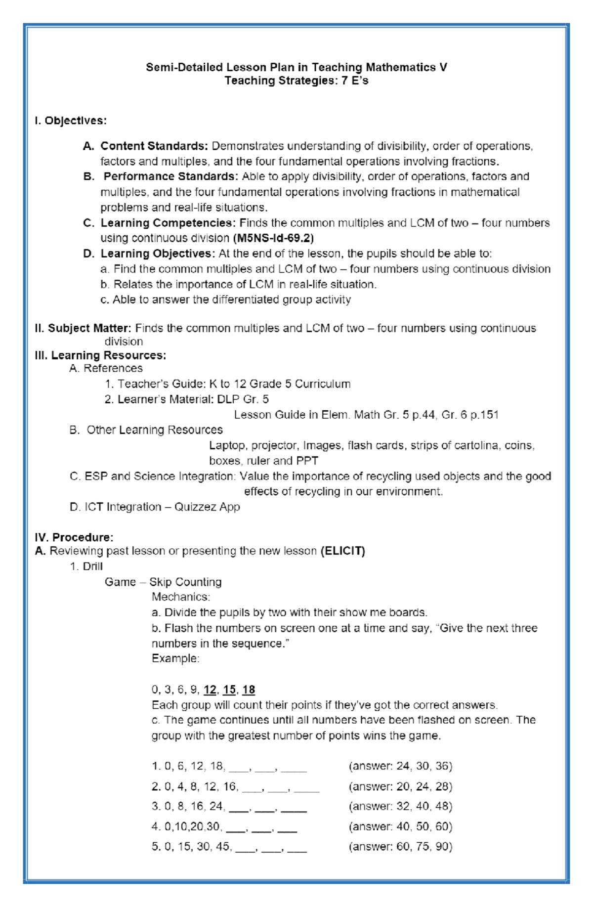Detailed Lesson Plan for Teaching Mathematics V: LCM Concepts - Studocu