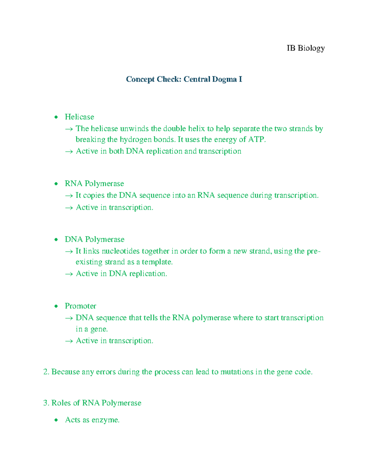IB Biology Concept Check: Central Dogma I Notes - Studocu