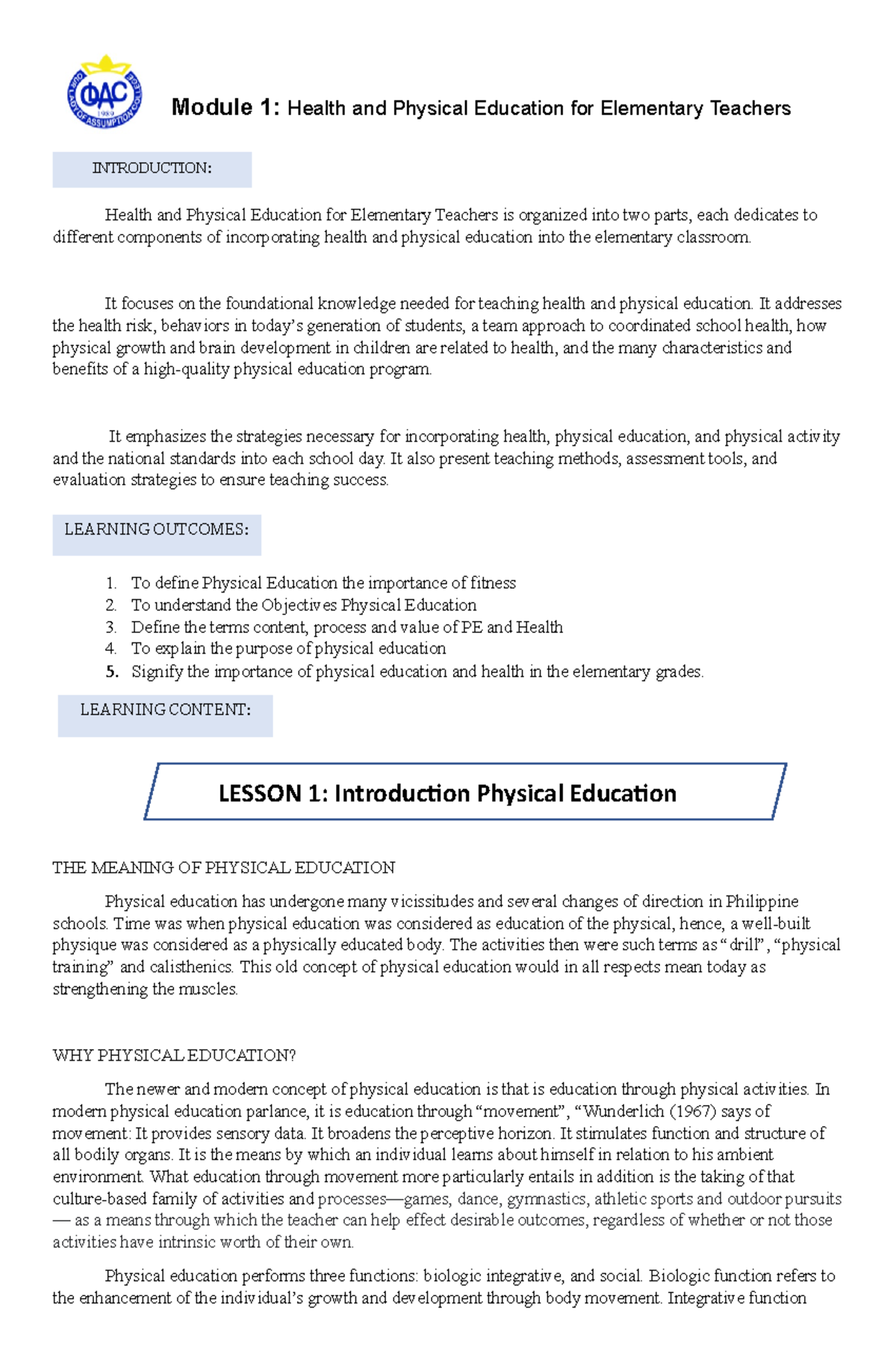 Module 1: Teaching PE & Health in Elementary Grades Fundamentals - Studocu
