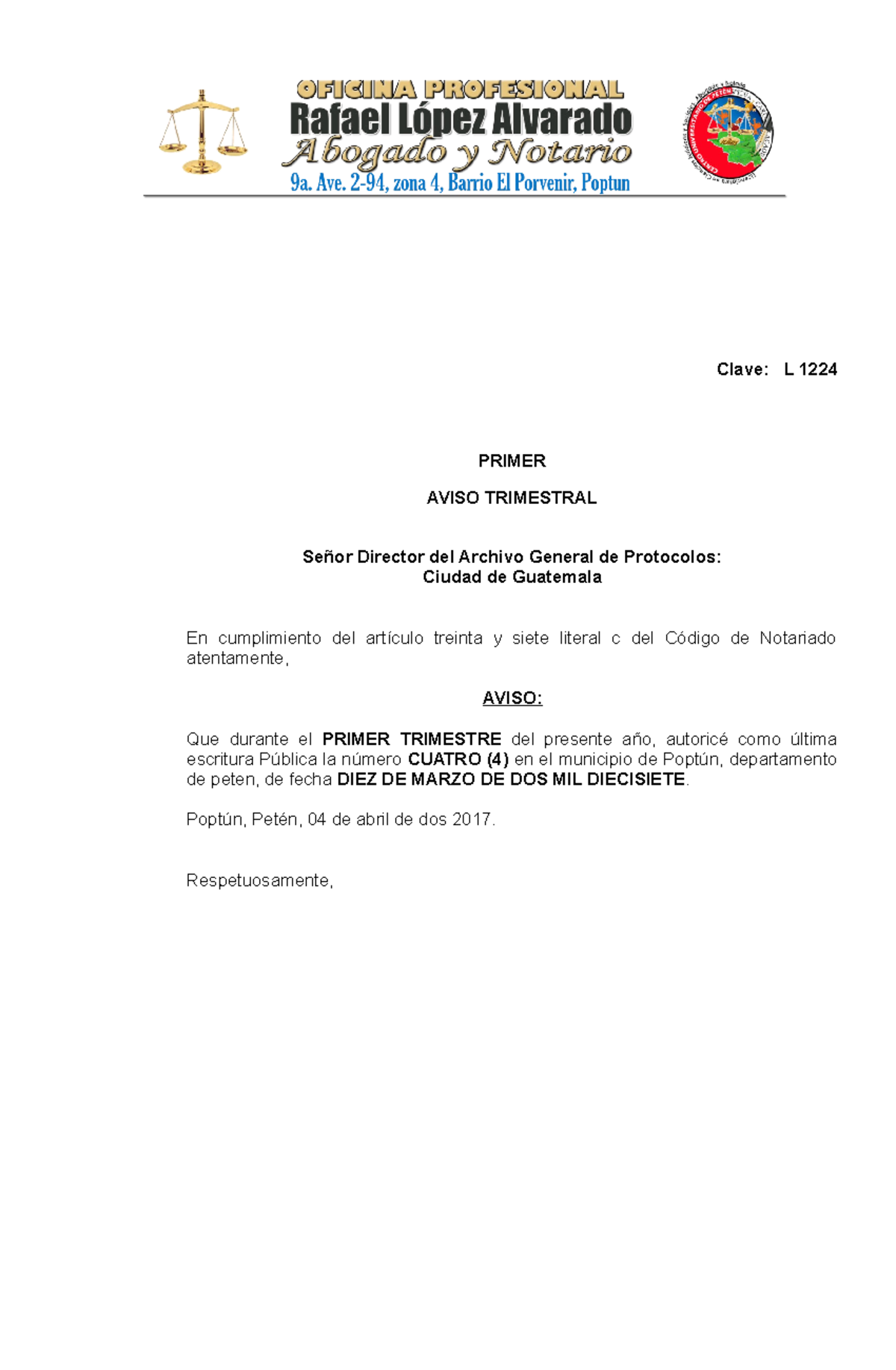 Avisos trimestrales - PRIMER AVISO TRIMESTRAL Señor Director del ...
