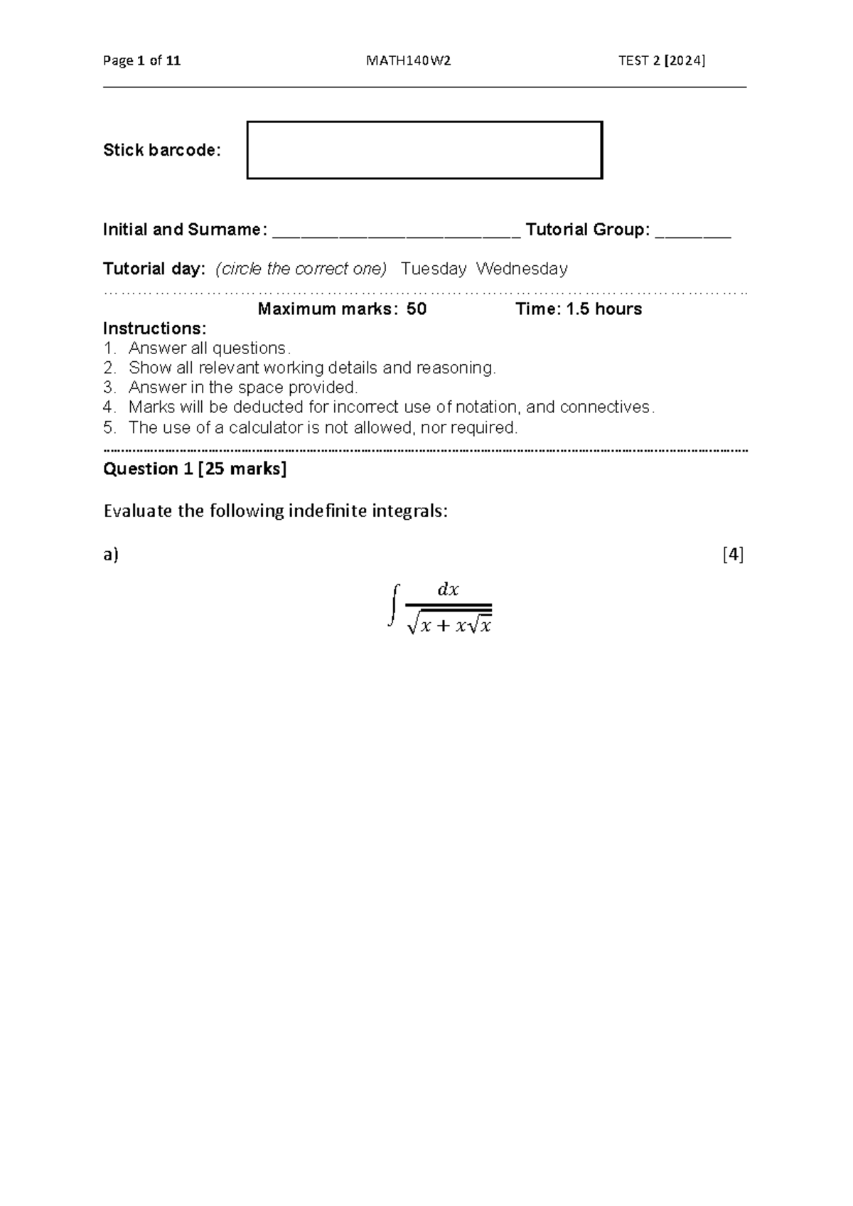Math140W2 Test 2 - Indefinite Integrals & Vector Calculations - Studocu