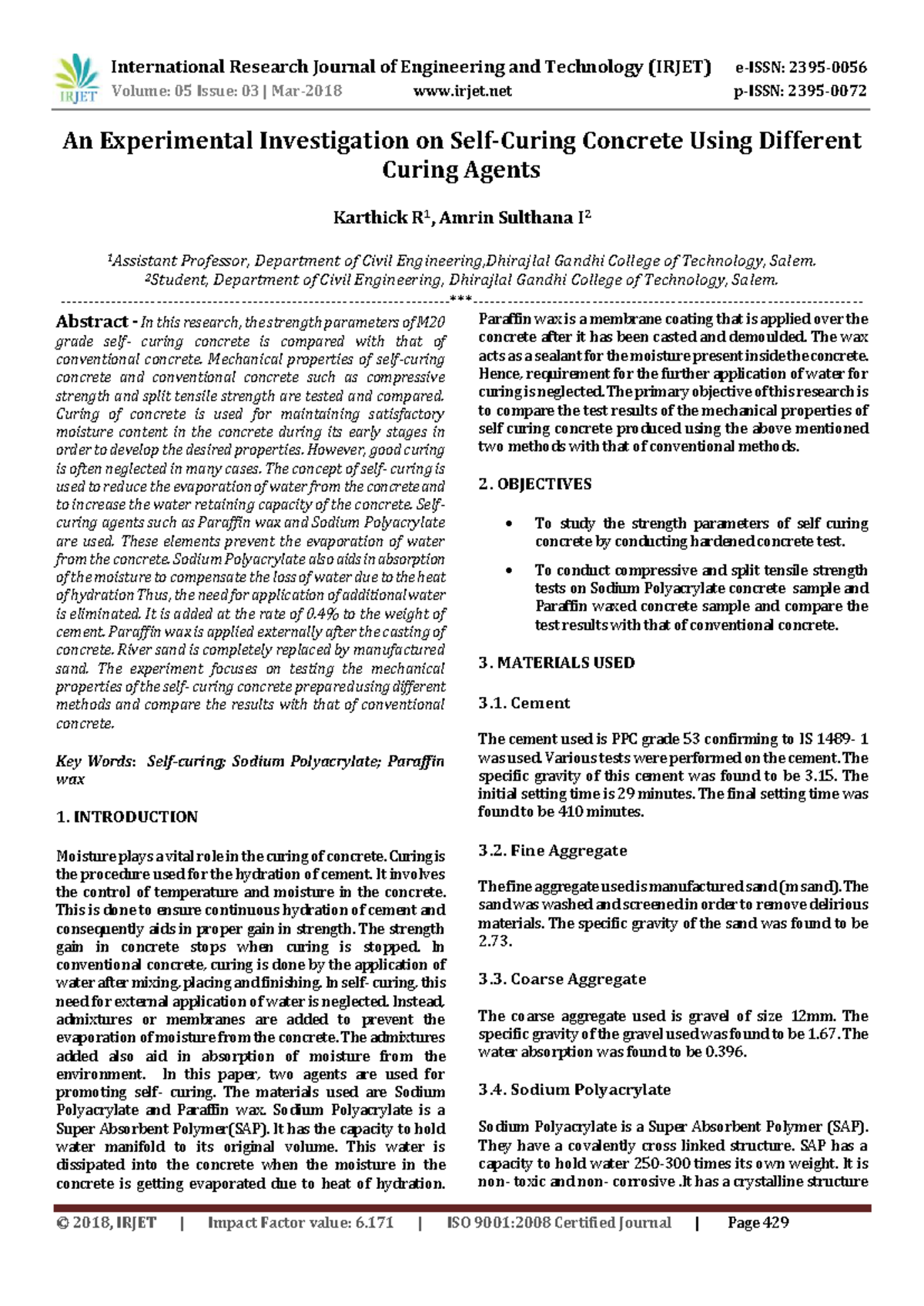 Experimental Study on Self-Curing Concrete with IRJET V5I396 - Studocu