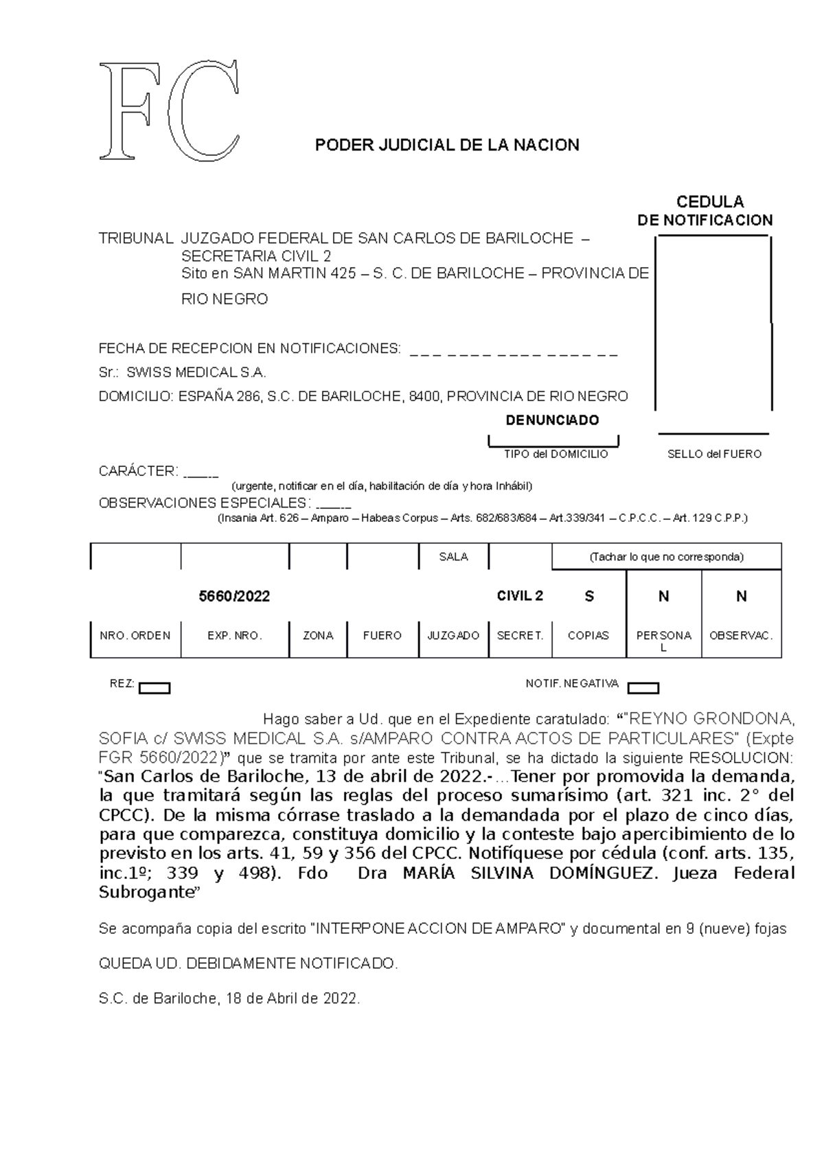 Modelo de Notificación Judicial - Expediente 5660/2022 - Studocu