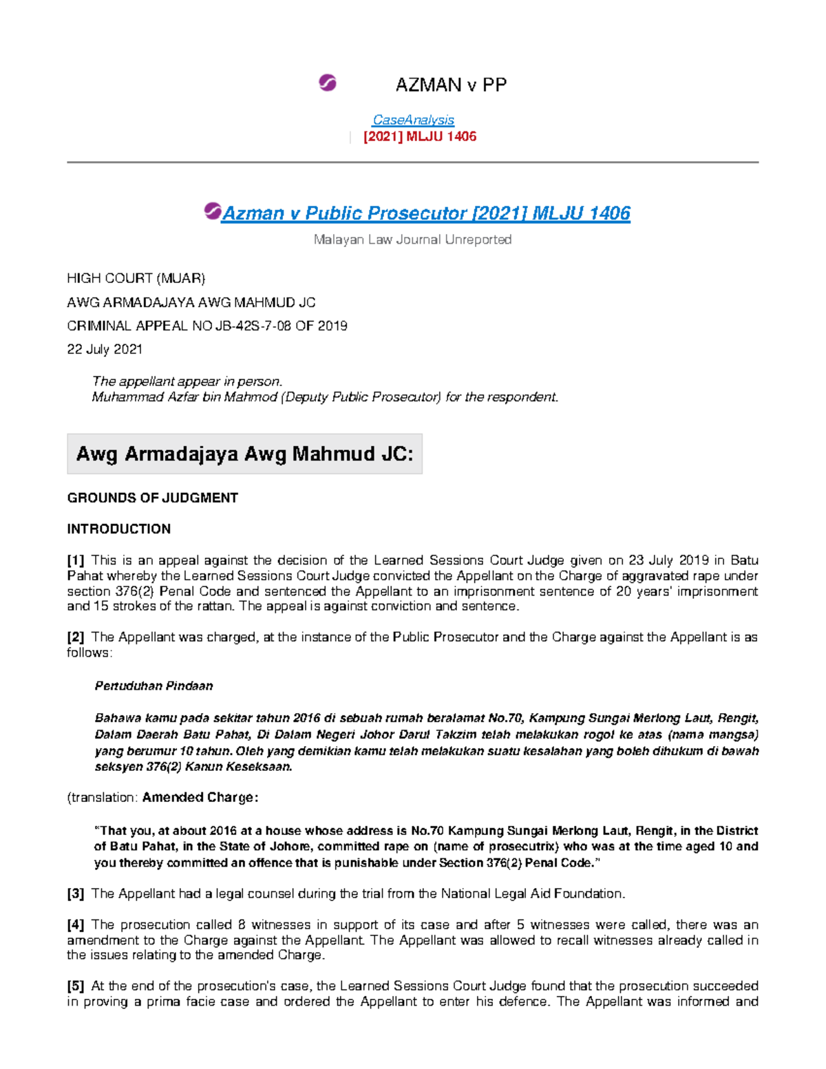 Azman v Public Prosecutor [2021] MLJU 1406: Case Analysis & Judgment ...
