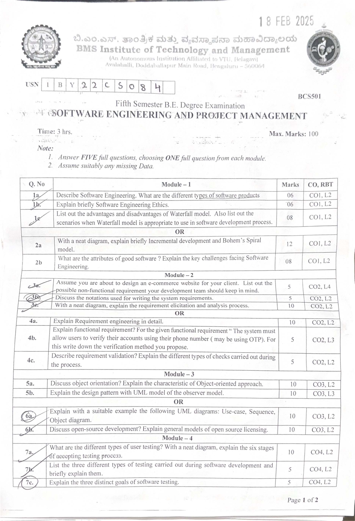 BCS501 5th Sem Software Engineering & Project Management Exam Questions - Studocu