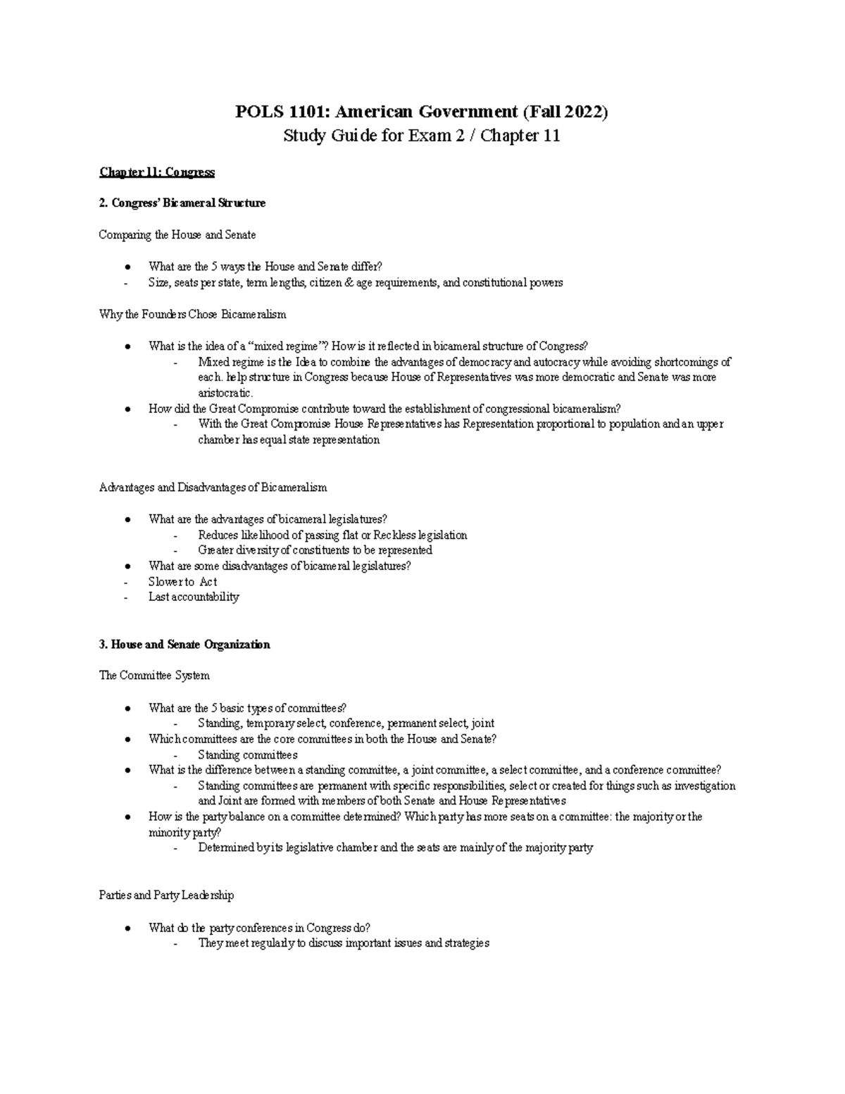 POLS 1101 Final Exam Study Guide for Chapter 11: Congress Overview ...