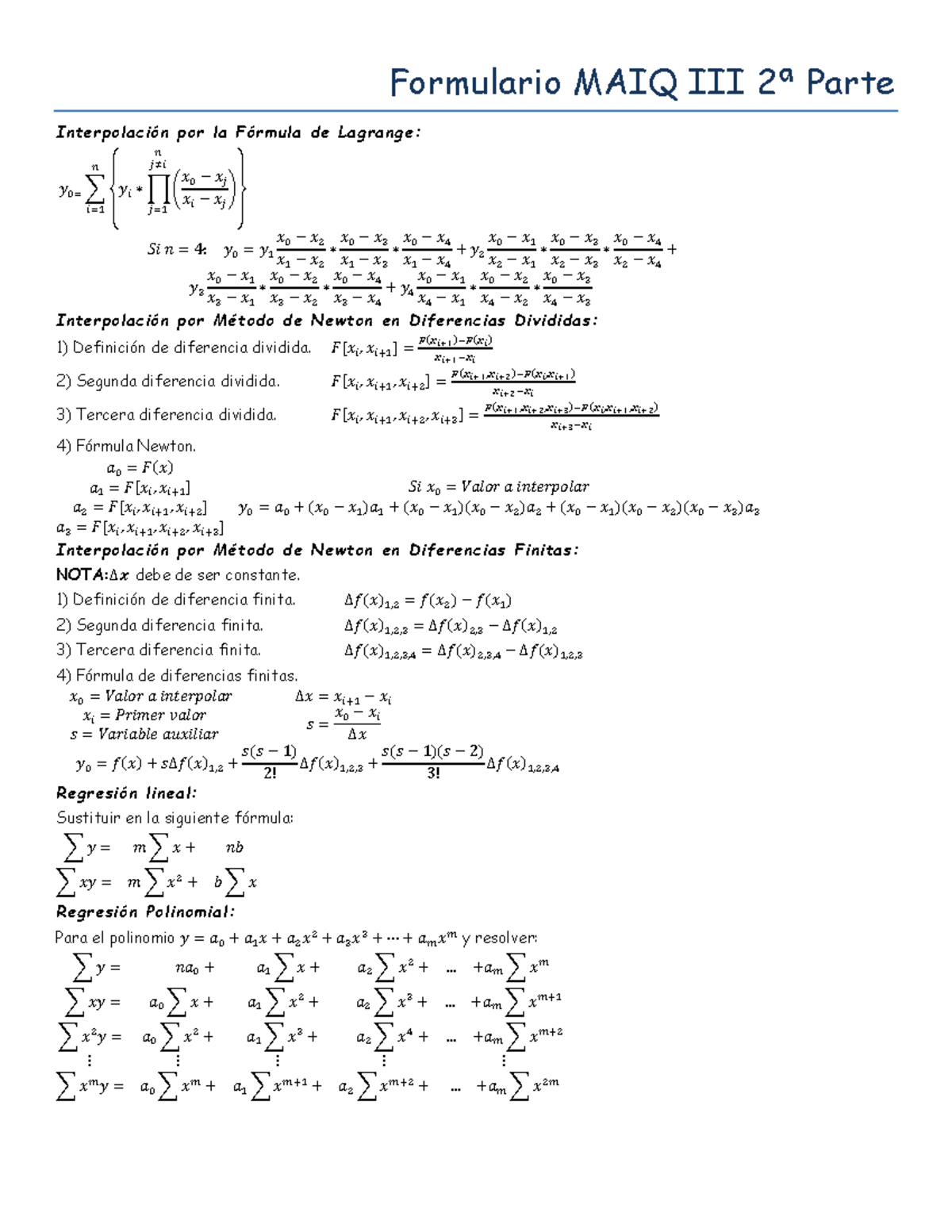 Formulario Mapiq III 2a parte (1) - Formulario MAIQ III 2ª Parte Interpolación por la Fórmula de ...